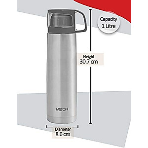 Milton Thermosteel Glassy Flask 1000, Double Walled Vacuum Insulated 1000 ml | 34 oz | 1 qt. | 24 Hours Hot and Cold Bottle with Cover, 18/8 Stainless Steel, BPA Free, Food Grade, Leak-Proof | Gray