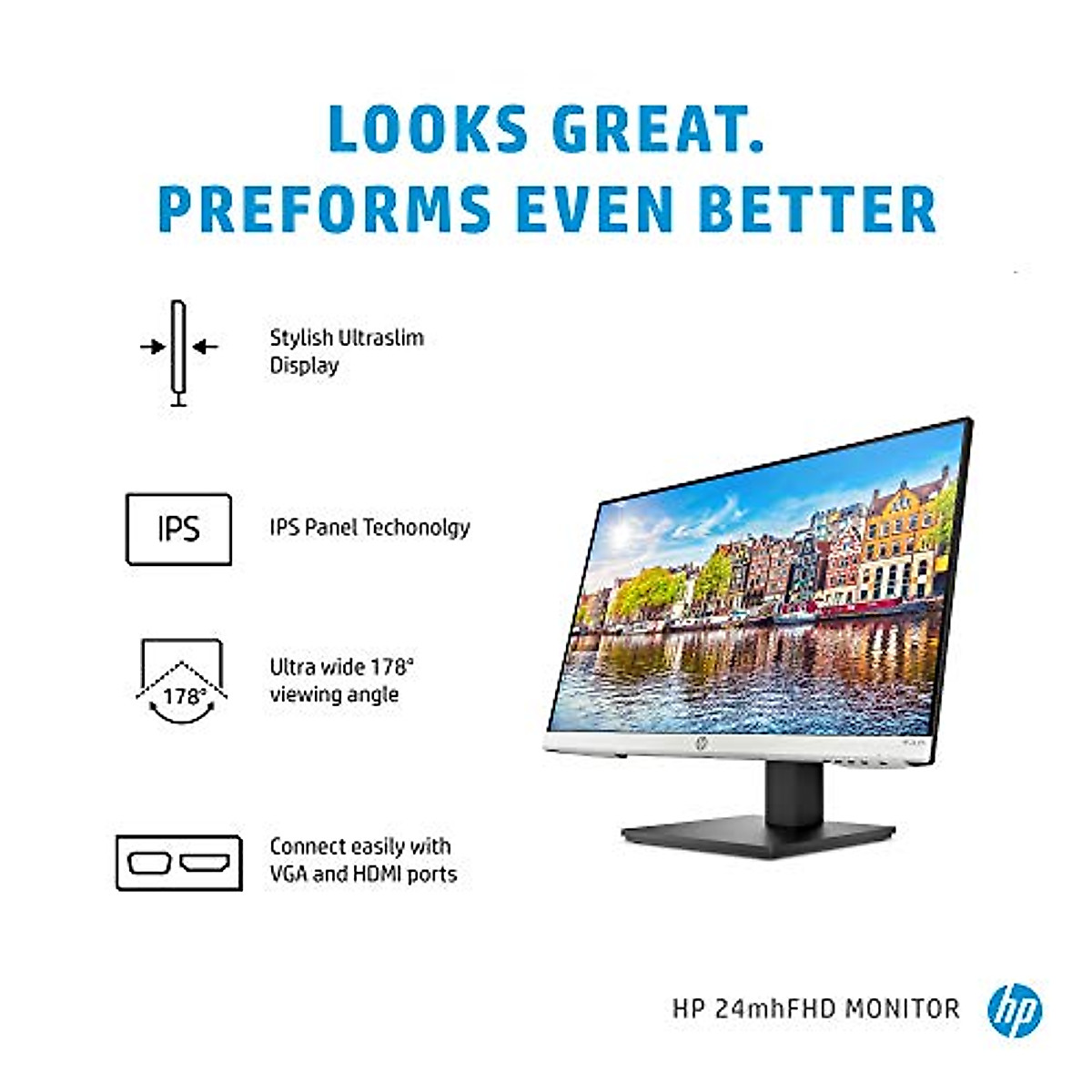 HP 24mh FHD Monitor - Computer Monitor with 23.8-Inch IPS Display (1080p) - Built-In Speakers and VESA Mounting - Height/Tilt Adjustment for Ergonomic Viewing - HDMI and DisplayPort - (1D0J9AA#ABA)