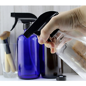 16oz Glass Bottles w/Heavy Duty Sprayers - Three Pack Bundle (1 Cobalt Blue, 1 Amber, 1 Clear); Boston Round; 3-Setting Spray Tops + Black Lids