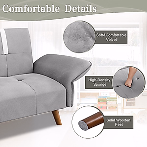 Meilocar Futon Sofa Bed Velvet, 70" Loveseat Futon Couch Sofa Bed with Adjustable Armrests, Reliner Guest Bed Daybed for Bedroom, Living Room, Light Grey