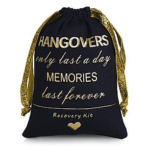 SHERWAY Gold Foil Wedding Bachelorettes Hangover Kit Bags Drawstring Bags, Wedding Bridal Shower Party Favor Bags for Bridesmaid Gift (10pcs, Black, 5 x 7 Inch)