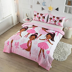 CKOU CCOO Girls Pink Ballerina Comforter Set Twin,African American Black Girl Bedding Set,Cute Little Ballet Princess Comforter Set Bedspread for Kids Toddler Girls BeBedroom Set Room Decor