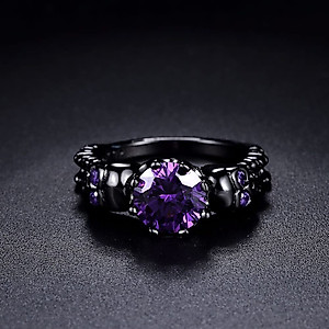 QOBEBOTA Cool Size 9 Black Gold Skull Statement Rings Purple Amethyst Ring Vampire Ring Gothic Band Rings Halloween Gifts Goth Jewelry Stainless Steel Rings for Women