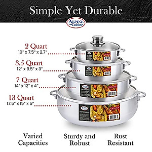 Alpine Cuisine 8 Piece Set Aluminum Caldero Stock Pot with Glass Lid, Commercial Grade Cooking Dutch Oven