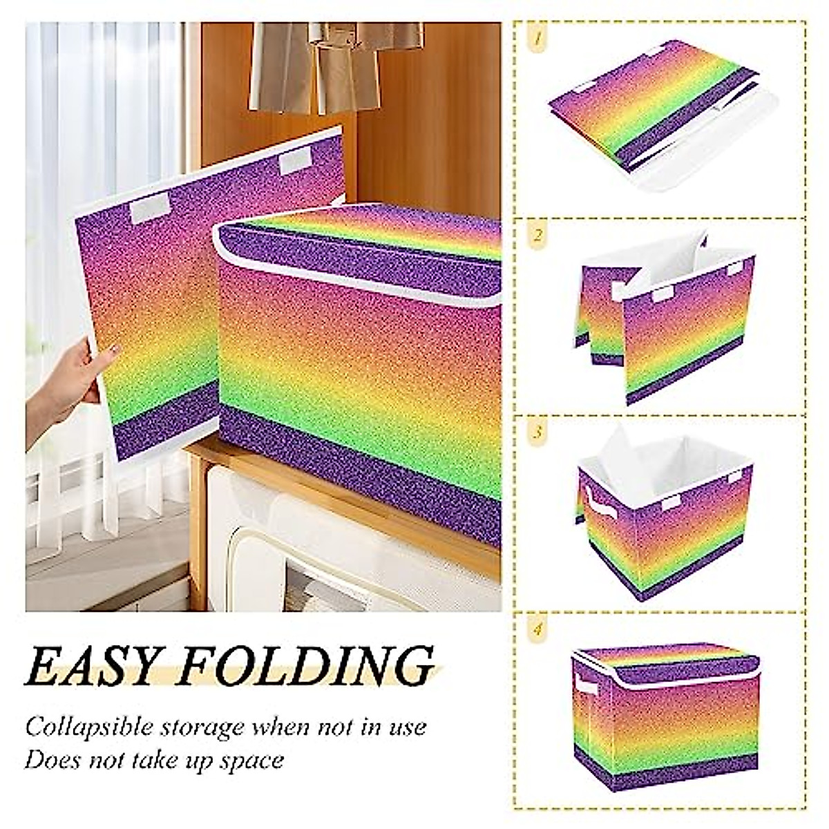 Krafig Rainbow Glitter Decorative Storage Box with Lid Large Bins Baskets Foldable Cube Organizer Collapsible Containers for Organizing, Toy, Home, Shelf, Closet