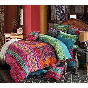 HNNSI 4 Pieces Bohemia Ethnic Bedding Sets Queen Size, Brushed Cotton Boho Duvet Cover Set with Fitted Sheet, Super Comfy Comforter Cover Sets,No Comforter(Fitted Sheet Set, Queen)