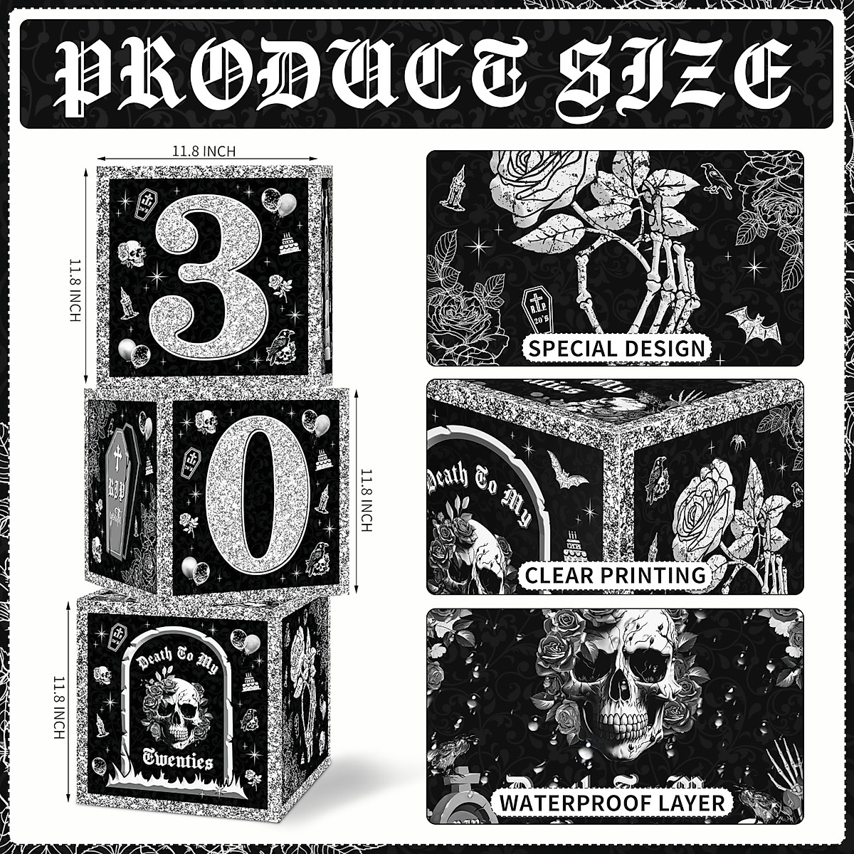 Death to My 20s Decorations 30th Birthday Decorations Boxes for Her Him, Rip to My 20s Balloon Blocks Black Balloon Boxes with Letters for Funeral for My Youth Dirty 30 Birthday Party Supplies