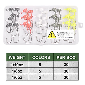 Ned Rig Jig Head Hooks Kit, 30pcs Finesse Mushroom Jig Heads for Soft Lures Mushroom Jig Heads Ned Rig Hooks for Bass Crappie Fishing 1/10oz 1/8oz 1/6oz