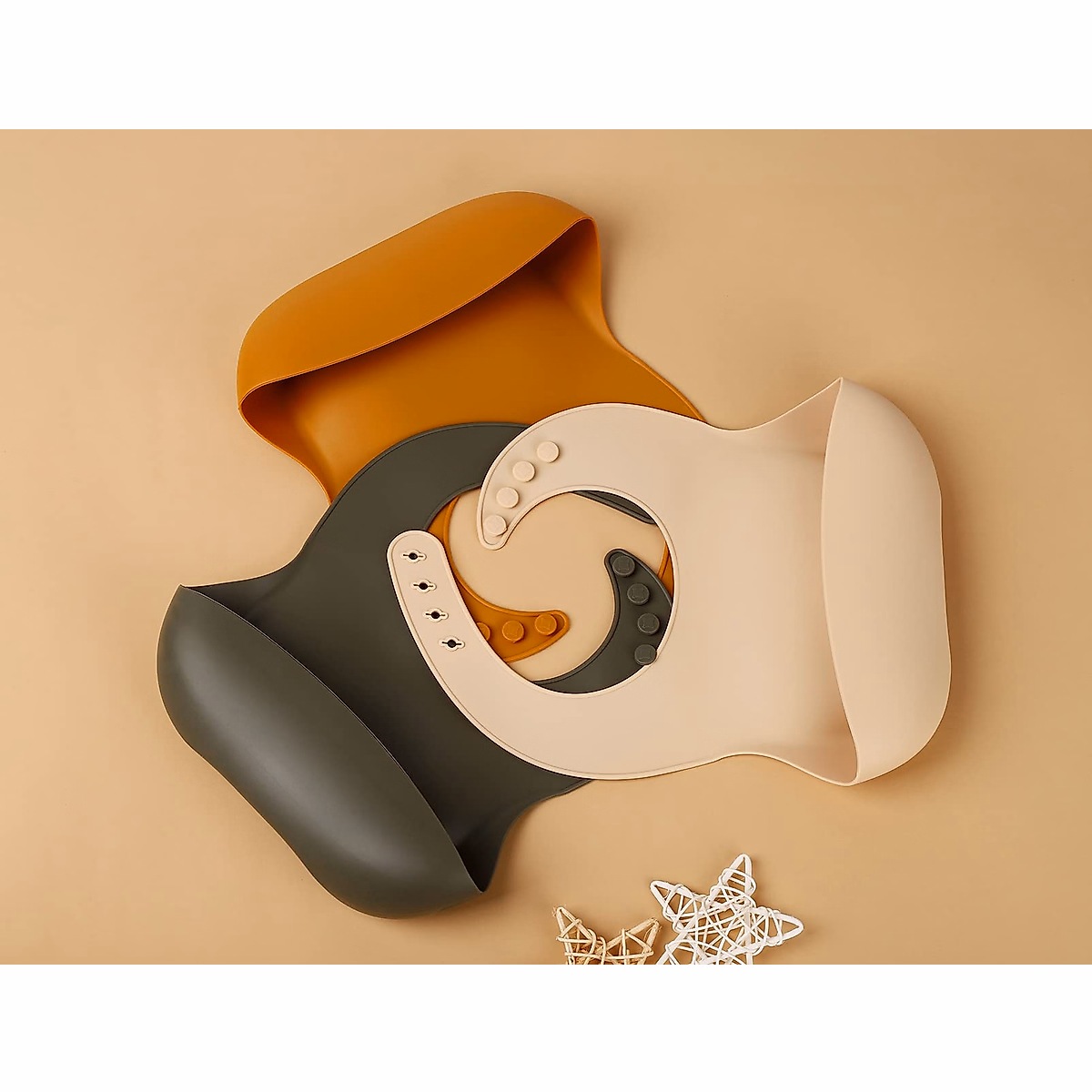 AULEGE Silicone Baby Bibs Set of 2, Spoon Fork, BPA Free Soft Durable Adjustable Waterproof Silicone Feeding Bibs for Babies and Toddlers 6+month (Muted/Peach)