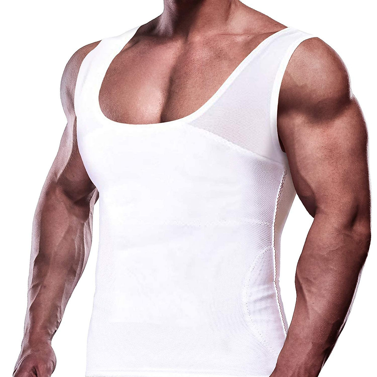 GKVK Mens Slimming Body Shaper Vest Chest Compression Shirt Abs Abdomen Slim Tank Top Undershirt, White, Medium