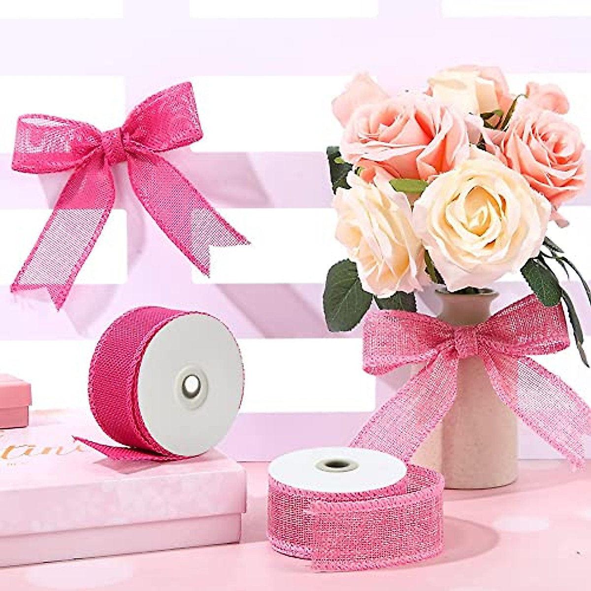 LIUYAXI Pink Burlap Wired Ribbon, 2-1/2" x Continuous 10 Yard, Solid Wired Edge Ribbon for Crafts,Gift Wrapping,Big Bow,Wreath,Tree Decoration,Outdoor Decoration