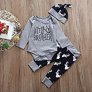 3PCS Newborn Baby Boys Cute Little Brother Romper+Pants+Hat Outfits Matching Set (0-6 Months, Little Brother)