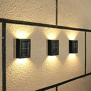 CALIDAKA 2 Pack LED Solar Wall Light, Up and Down Outdoor Security Wall Lamps, IP65 Waterproof Solar Outdoor Lights, Solar Fence Lights LED Solar Wall Lights for Home Garden Porch(Warm Light)