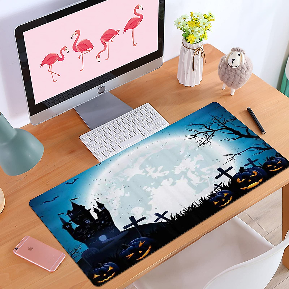 Gaming Keyboard Mouse Pad Gaming Halloween Dead Moon Castle Cross Horror Pumpkin Lantern Dead Tree Spooky suitable for desktop notebook computers