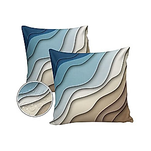 Waterproof Outdoor Throw Pillow Cover Blue Modern Geometric Lumbar Pillowcases Set of 2 Brown Abstract Decorative Patio Furniture Pillows for Couch Garden 18 x 18 Inches