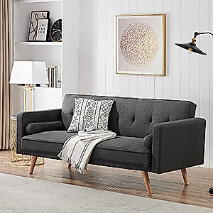 ERYE Dark Gray 3-in-1 Upholstered Futon Loveseat Convertible Sleeper Bed,2-Seaters Sofa & Couch Soft Cushions Love Seat Daybed for Small Space Living Room Napping Linen w/2 Pillows, Twin