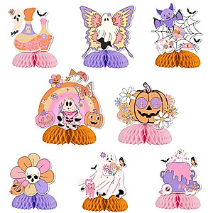 kreat4joy 8pcs Groovy Halloween Honeycomb Centerpieces, Halloween Baby Shower Birthday Decorations Honeycomb Centerpieces Double Sided Printing for Spooky One Two Spooky Four Ever Spooky Party