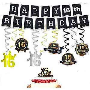 wongmode 16th Birthday Decorations Set - Happy Birthday Theme Swirls Streamers Garland Banner and Cake Topper Cheers to 16 Years Old Party Supplies