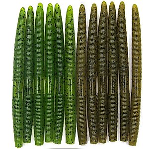 Nawaish Senko Bait Soft Plastic Lures 5" Senkos 24 Pcs for Wacky Rig Freshwater Fishing Green Pumpkin senko with Black Flake (2 colors mixed)