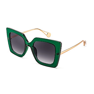 FEISEDY Sunglasses Womens Trendy, Oversized Square Shades, Pearl Inlay Cat Eye Frame UV400 Protection B2625,Clear Green/Gradient Grey