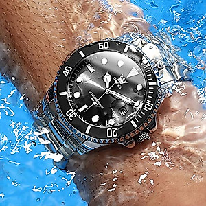 OLEVS Mens Watch Stainless Steel Big Face Silver Black Casual Dress Wrist Watch Quartz Analog Day Date Waterproof Luminous