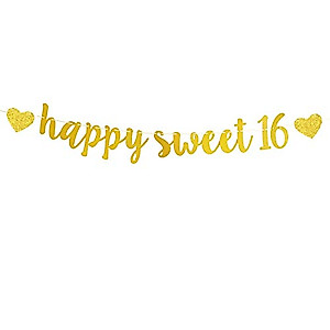 Happy Sweet 16 Banner Gold Glitter 16th Birthday Party Decor, Funny Sixteen Years Old Birthday Party Decorations(Gold).