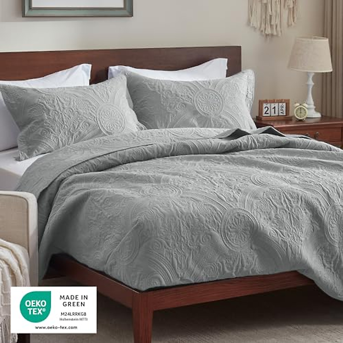 GRT Grey Quilt Sets King Size with Pillow Shams - Lightweight Reversible Quilt Bedding Set, Ultra-Soft Microfiber Modern Bedspread Coverlet Set for All Season (1 Quilt, 2 Pillow Shams)