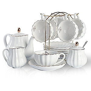 Porcelain Tea Sets British Royal Series, 8 OZ Cups& Saucer Service for 6, with Teapot Sugar Bowl Cream Pitcher Teaspoons and tea strainer for Tea/Coffee, Pukka Home (Pure White)