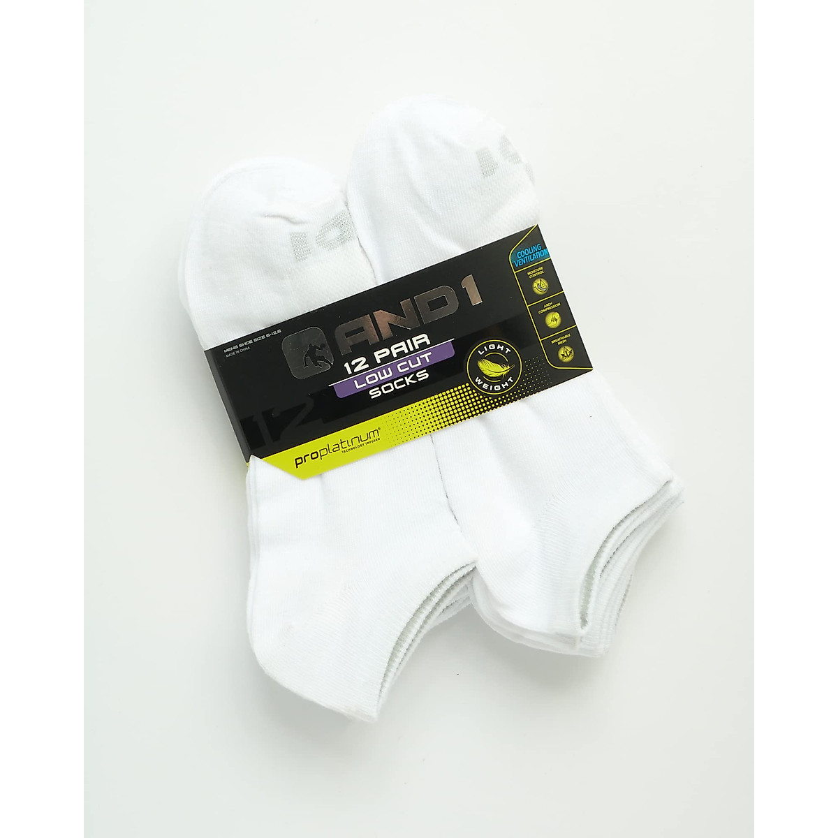 AND1 Men's Socks - PROPLATINUM Lightweight Low Cut Socks (12 Pack), Size Shoe size 6-12.5, White
