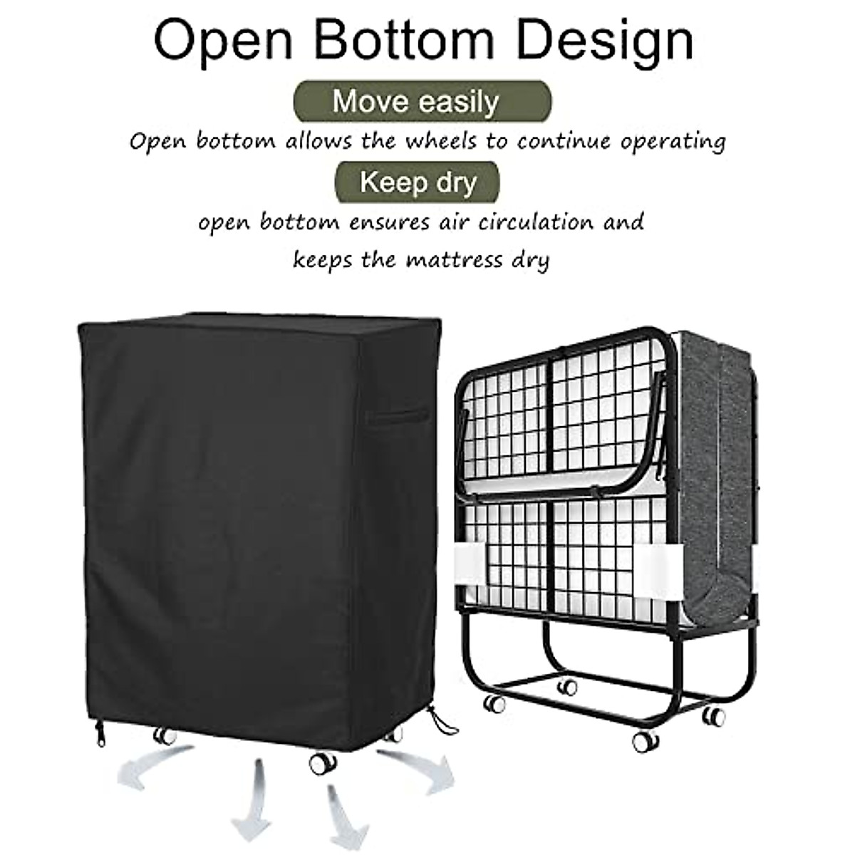 Folding Bed Storage Cover, Falezern 38 in Adjustable Rollaway Bed Cover, Waterproof and Dustproof, with Metal Zipper and Adjustable Drawstring, Thickened Storage Cover for Folding Cot Bed, Fold Up Bed