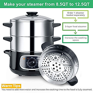 Secura 2 Stainless Steel Food Steamer 8.5 Qt Electric Glass Lid Vegetable Steamer Double Tiered Stackable Baskets with Timer
