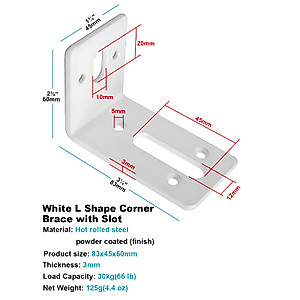 GBGS 10 Pack White Adjustable L Corner Braces with Slot, Steel 3¼"×2⅜"×1¾" ,Thickness 3 mm ,Max.Load 66 lb ,90 Degree Angle Corner Brace for Furniture Mending Braces