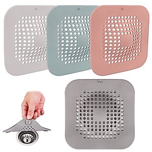 4 Pack Shower Drain Hair Catcher, Convex Silicone Hair Stopper for Shower Drain with Suction Cup, Square Bathtub Drain Cover for Bathroom, Bathtub, Kitchen