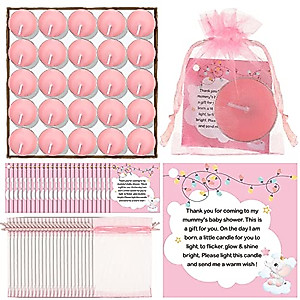 50 Sets Baby Shower Favors 50 Pcs Tea Light Candles for Guests Baby Shower Candles with 50 Thank Tags and 50 Return Gift Bags Baby Shower Party Favors for Baby Gender Reveal(Pink)