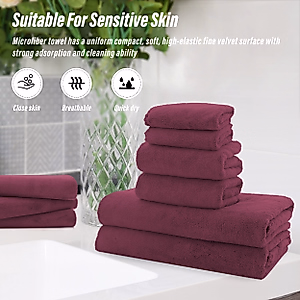 MOONQUEEN Ultra Soft Microfiber Coral Velvet Towel Set - Quick Drying, 2 Bath Towels, 2 Hand Towels, 2 Washcloths - Burgundy, 6 Pcs