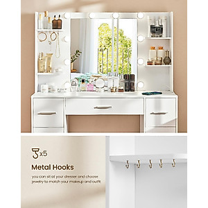 Quimoo Large Vanity Desk with LED Lighted Mirror & Power Outlet,Makeup Vanity Table with 7 Drawers,4 Shelves and 5 Hooks,Vanity Table, Vanity Desk Set for Bedroom,Bathroom,White