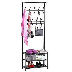 Yaheetech 3-in-1 Coat Rack Shoe Bench Entryway Hall Tree with 18 Hooks and 3-Tier Shoe Storage Bench, Metal Coat Hat Stand Rod for Hanging Jacket, Easy Assembly, Black