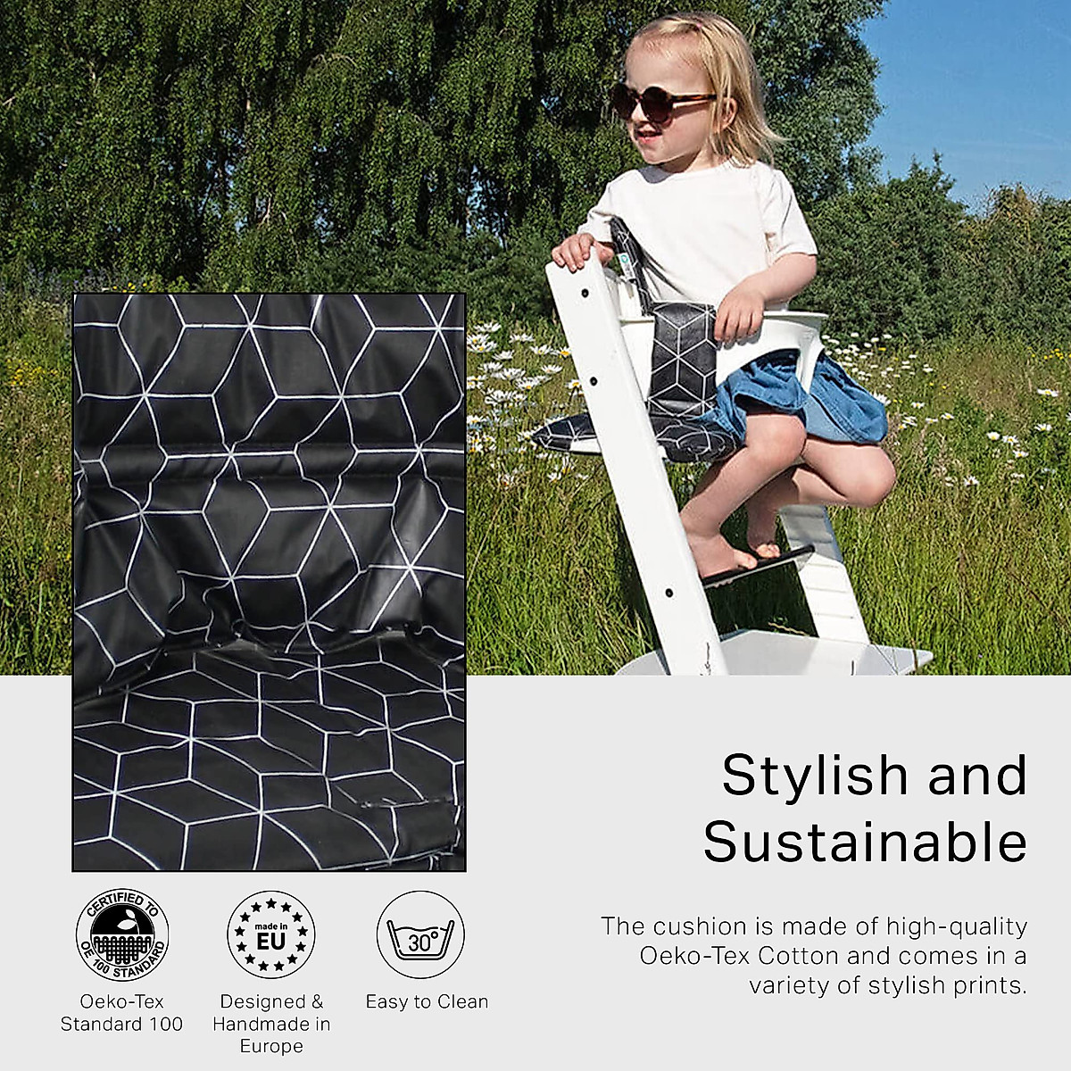UKJE Cushion Compatible with Stokke Tripp Trapp - Soft Seat for Infants, Babies & Toddlers, High Chair Accessories, Cotton Fabric Insert, Easy to Install, Handmade in Europe (Black Geometric)