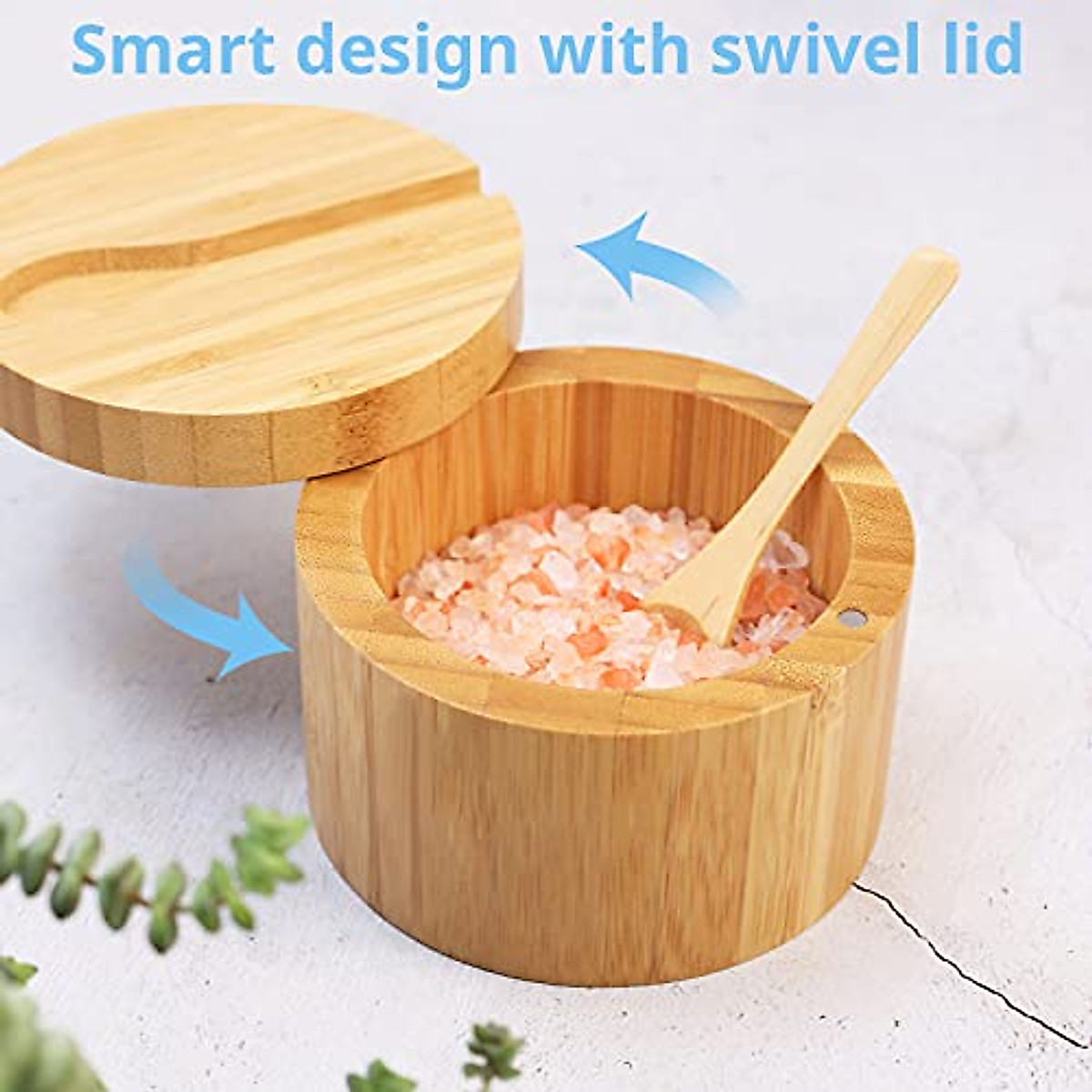 Bamboo Salt Cellar with Mini Spoon by HTB, Kitchen Salt Box with Swivel Magnetic Closure Lid, Round Salt Container to Storage Pepper Spice Bath Salt Sea Salt