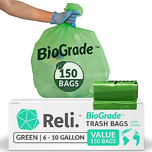 Reli. Biodegradable 6-10 Gallon Trash Bags | 150 Count | ASTM D6954 | Green | Eco-Friendly | Oxobiodegradable Under Certain Conditions (See Product Description)