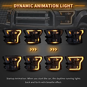 VLAND LED Headlights Compatible For [2015-2017 Ford F150 XL, XLT, Lariat, King Ranch, Platinum, Limited] With Dynamic Amber DRL & Turn Signal Lights, (Factory Halogen ONLY)