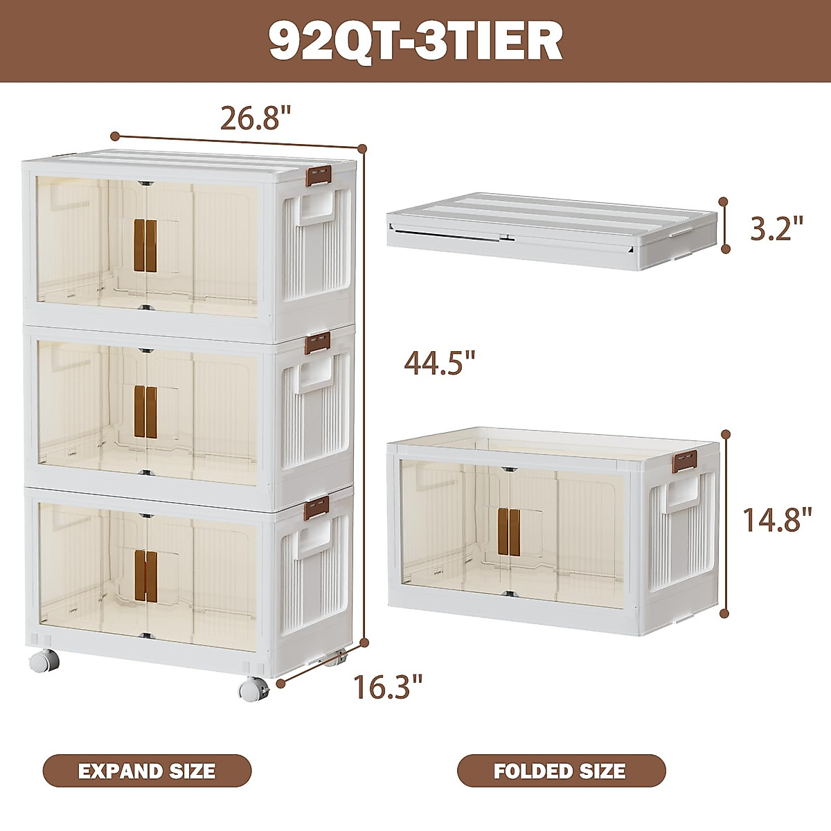 wellent Large Storage Bin with Lid, Plastic Storage Bin with wheels and Doors 92Qt(23 Gal) Per Tier, Stackable Closet Organizer,Folding Storage Containers for Living Room Bedroom & Toy Room