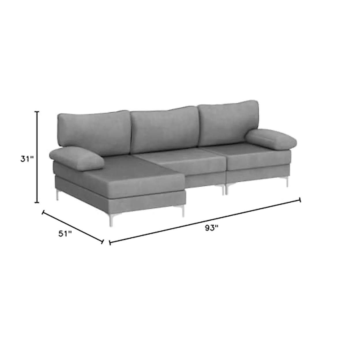 Divano Roma Furniture Modern Velvet L-Shape Sectional Sofa, with Extra Wide Chaise Lounge Couch, Grey