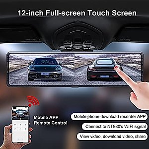 AmazeFan NT880 Mirror Dash cam Front 2K，12'' Touch Screen Dual Dash Camera, Driving Recorder WiFi,170° Wide Angle Night Vision Loop Recording, GPS Tracker, Free 64GB Card, Car Charger
