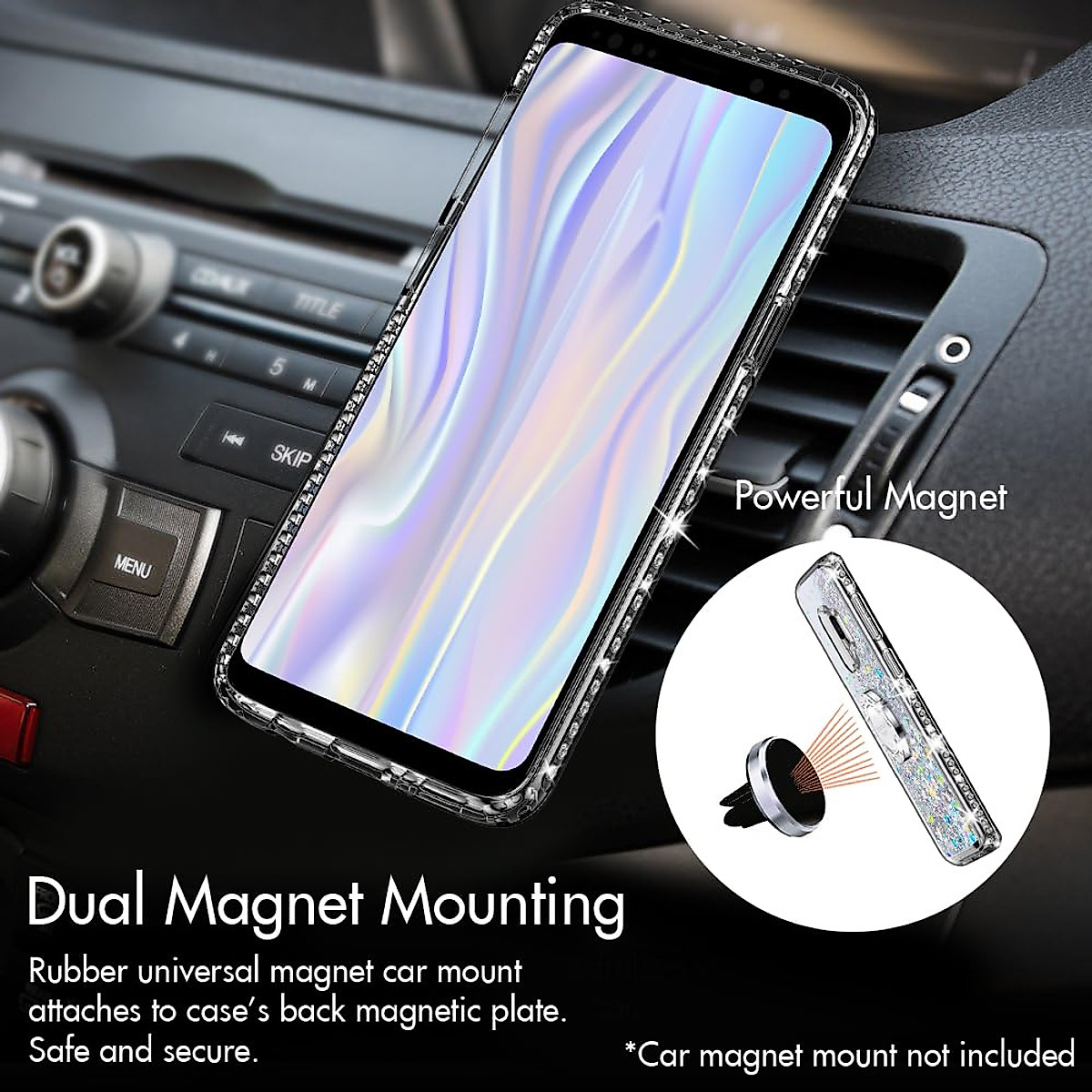 Silverback for Galaxy S9 Case, Moving Liquid Holographic Sparkle Glitter Case with Kickstand, Bling Diamond Rhinestone Bumper Ring Slim Protective Samsung Galaxy S9 Case for Girls Women - Clear Silver