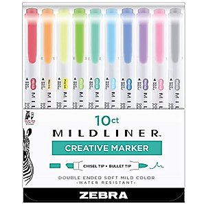 Zebra Pen 78101 Mildliner Double Ended Highlighter Set, Broad and Fine Point Tips, Assorted Fluorescent and Cool Ink Colors, 10-Pack