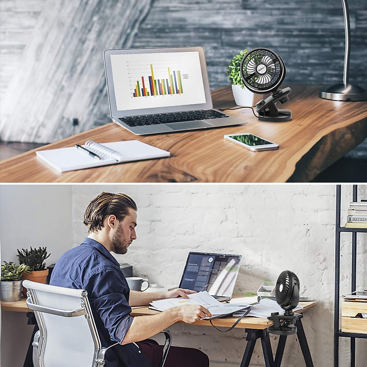 SkyGenius Battery Operated Clip On Oscillating Desk Fan, Portable Rechargeable Mini Personal Fan