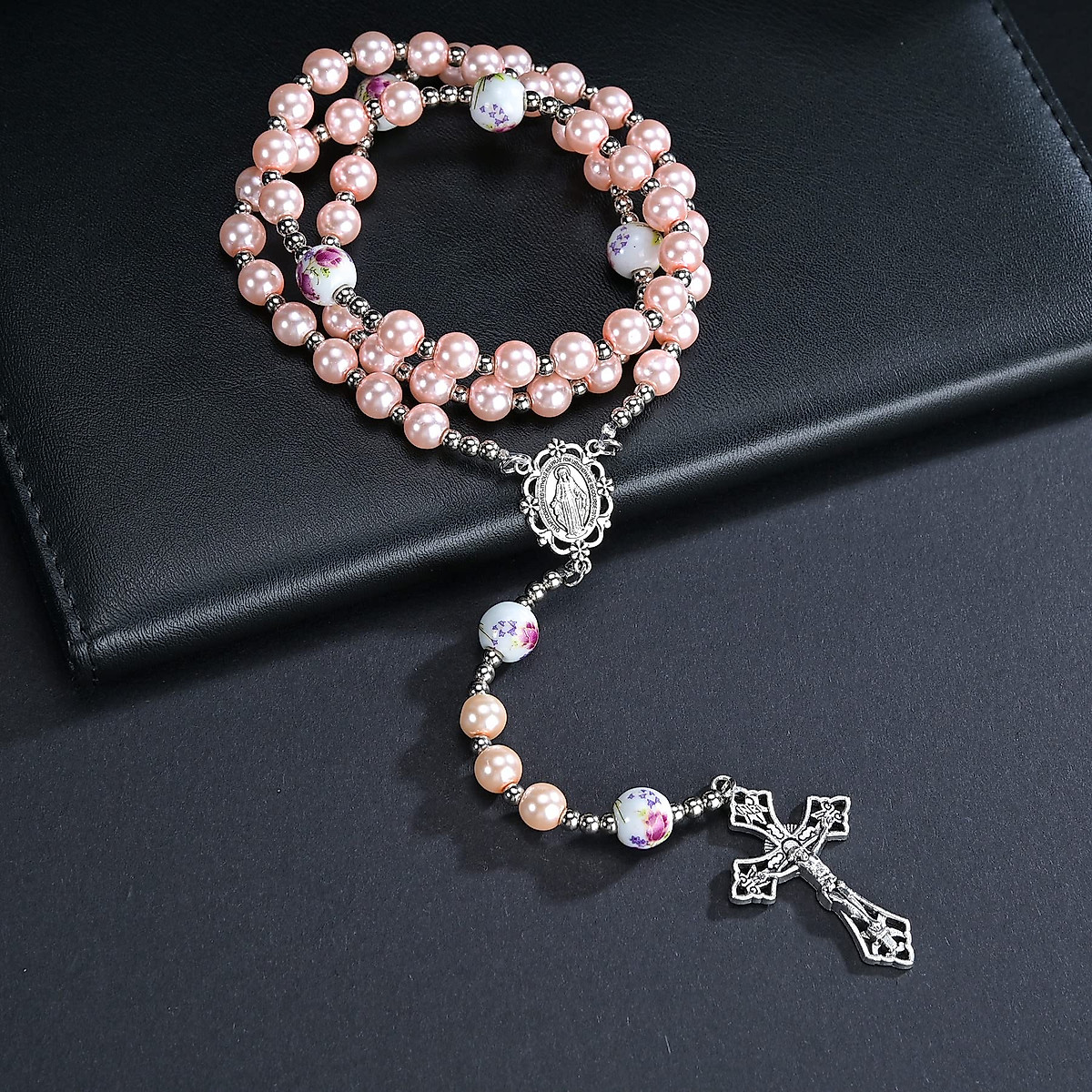 8mm Pink Pearl Beads Catholic Rosary Large Ceramics Bead Rosary Silver Beaded String Necklace Miraculous Medal Crucifix Cross Gift for Women
