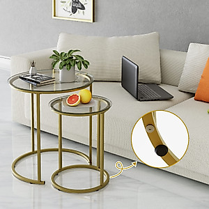 Azheruol Nesting Coffee Table Set of 2,Modern Gold Tempered Glass Side Table, Metal Frame Round End Table.Small Glass Tea Table for Living Room,Bedroom Studio Apartment Essentials，23.2in