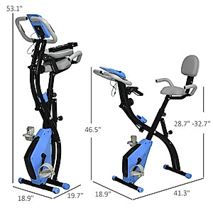 Soozier Folding Exercise Bike, 3-in-1 Recumbent Exercise Bike, Upright Workout Bike & Arm Resistance Bands, Adjustable Seat, 8-Level Magnetic Resistance, Blue